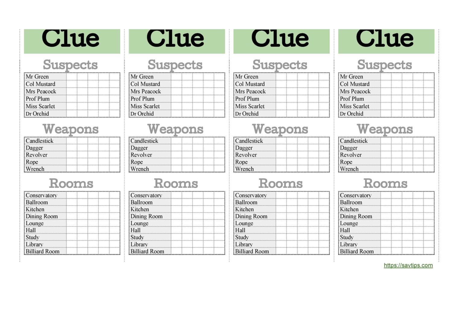 Free Clue Sheets to Download and Print Out - SavTips